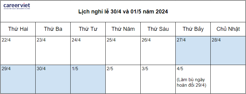 CHÍNH THỨC: Lịch nghỉ lễ 30/4 và 01/5 năm 2024 kéo dài 05 ngày liên tục | CareerViet.vn
